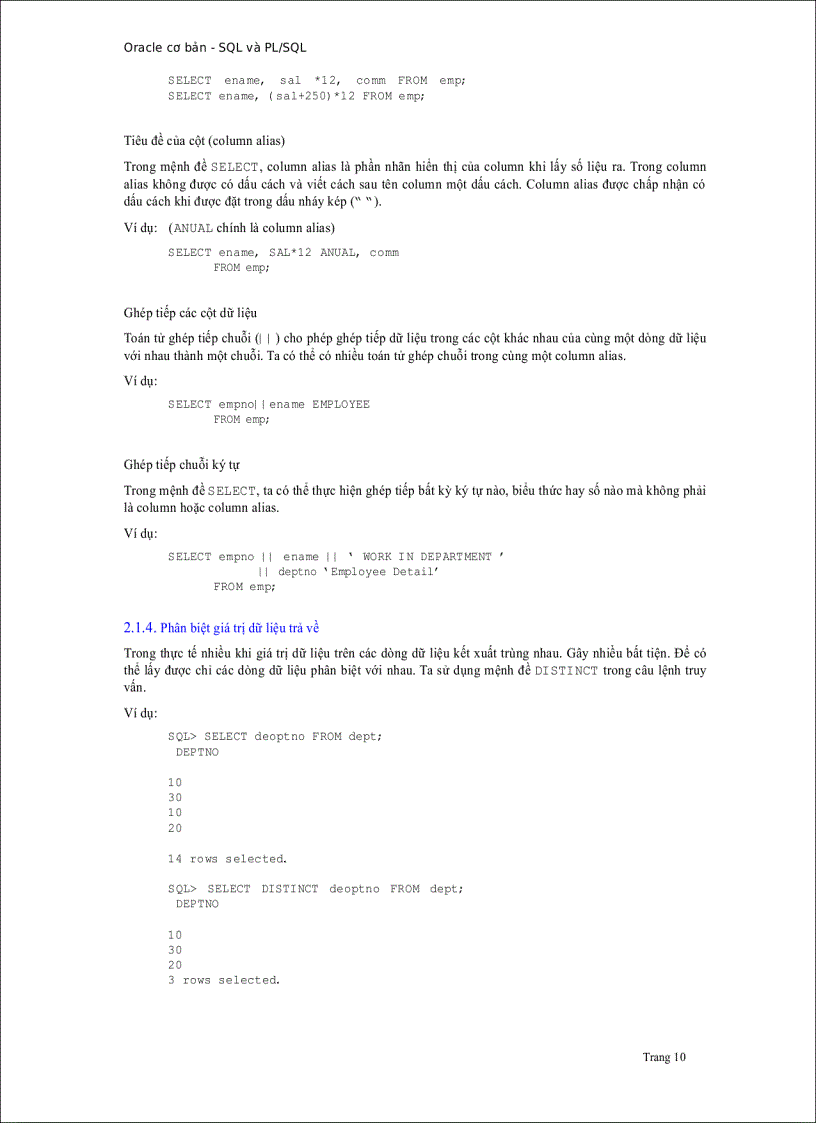 Giáo trình Oracle SQL PLSQL căn bản Tiếng Việt