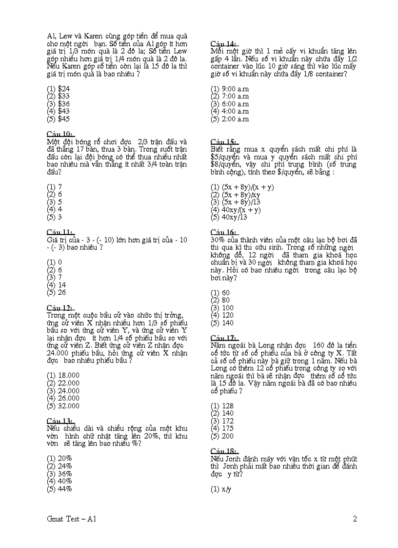 Đề thi FPT GMAT A1 có đáp án